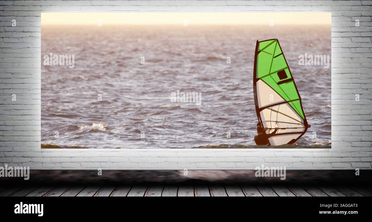 Digital composite of man wind surfing canvas mock up against animated ...