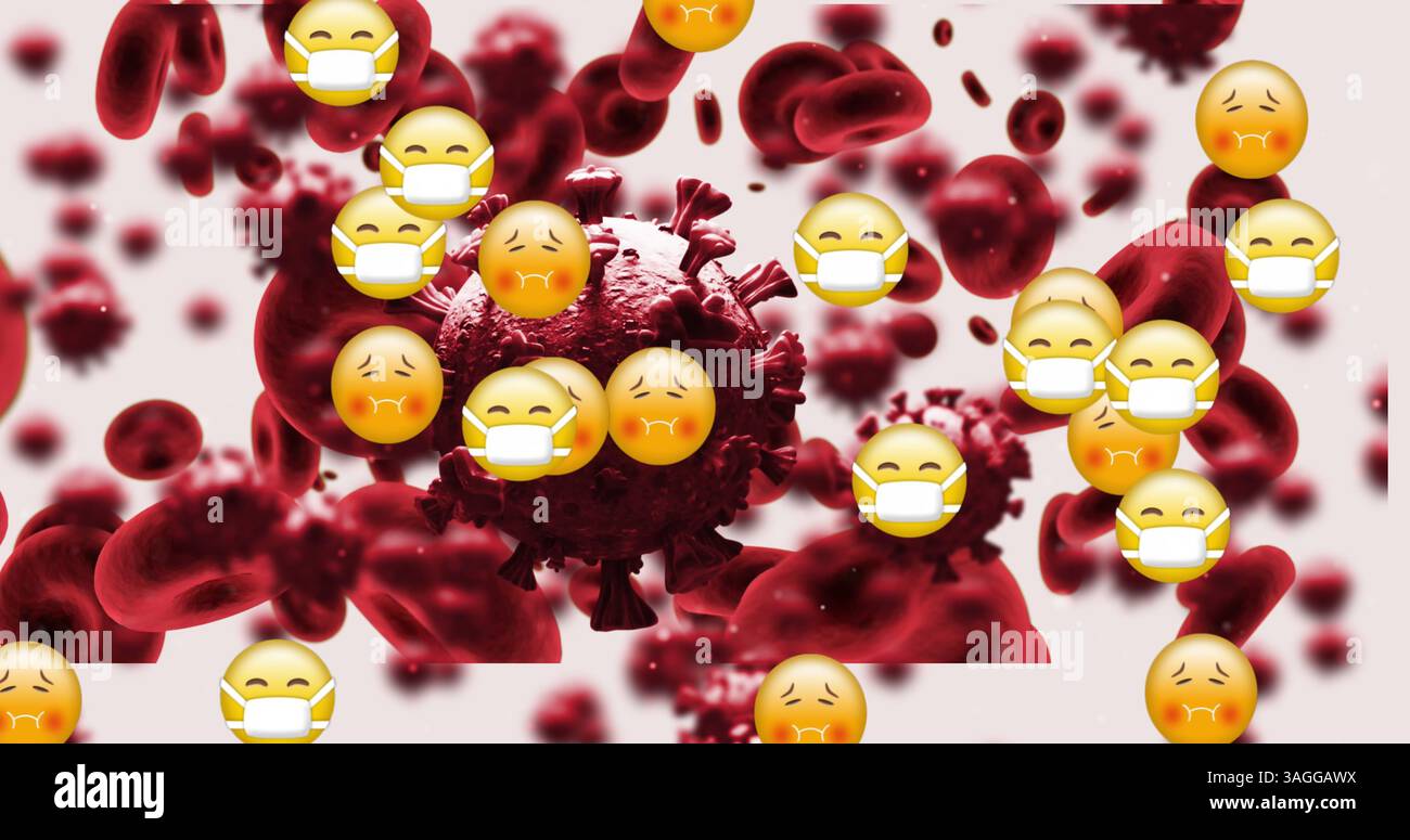 Image of 3D macro coronavirus and red blood cells with emoji icons ...