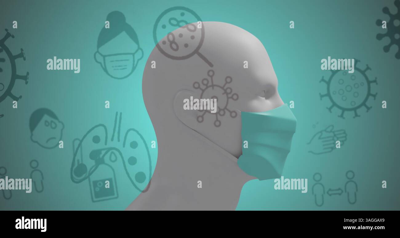 Image of Covid 19 icons moving over spinning human model wearing face ...