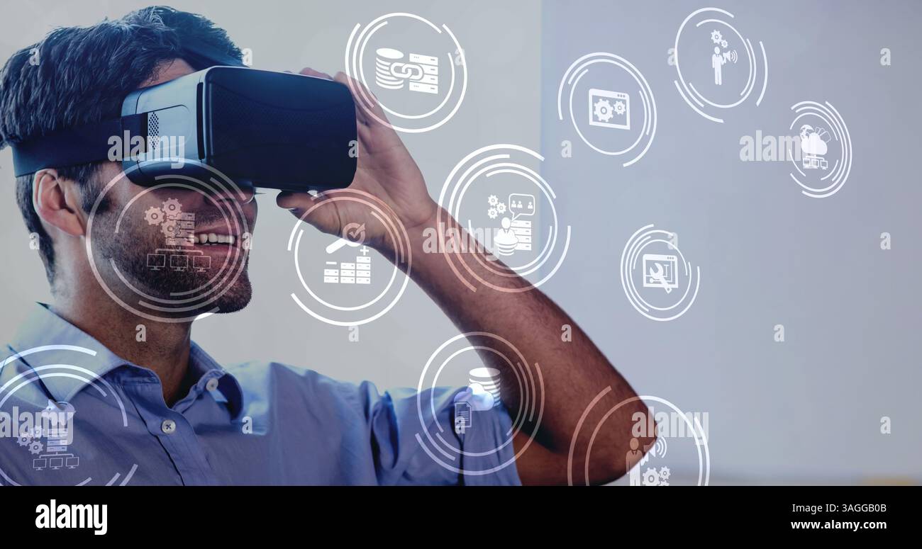 Digital composite of businessman using VR headset with digitally ...