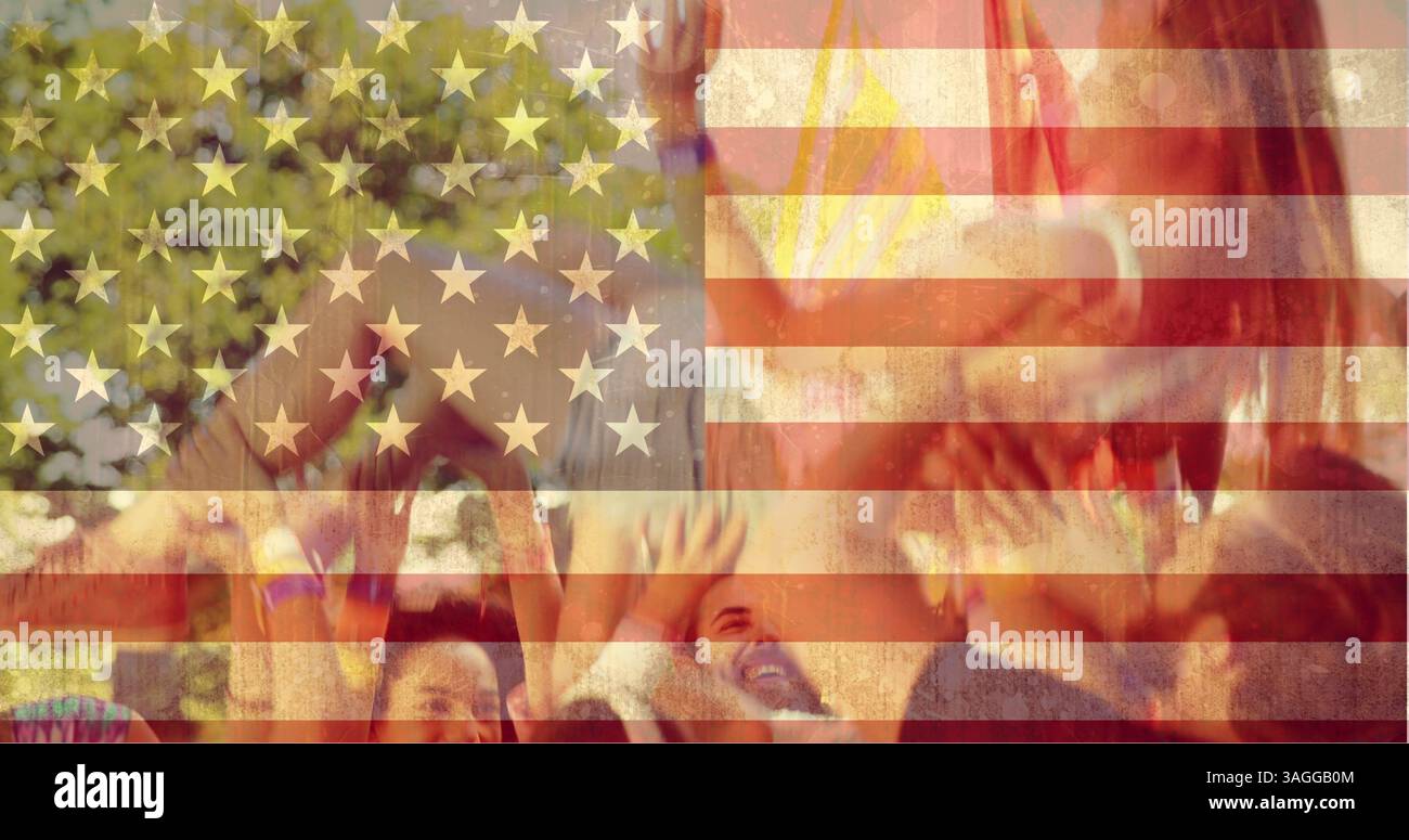 Digital composite of girl at festival crowd surfing against american ...