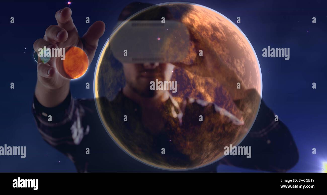 Using virtual reality headset, person exploring planets in space image Stock Photo - Alamy