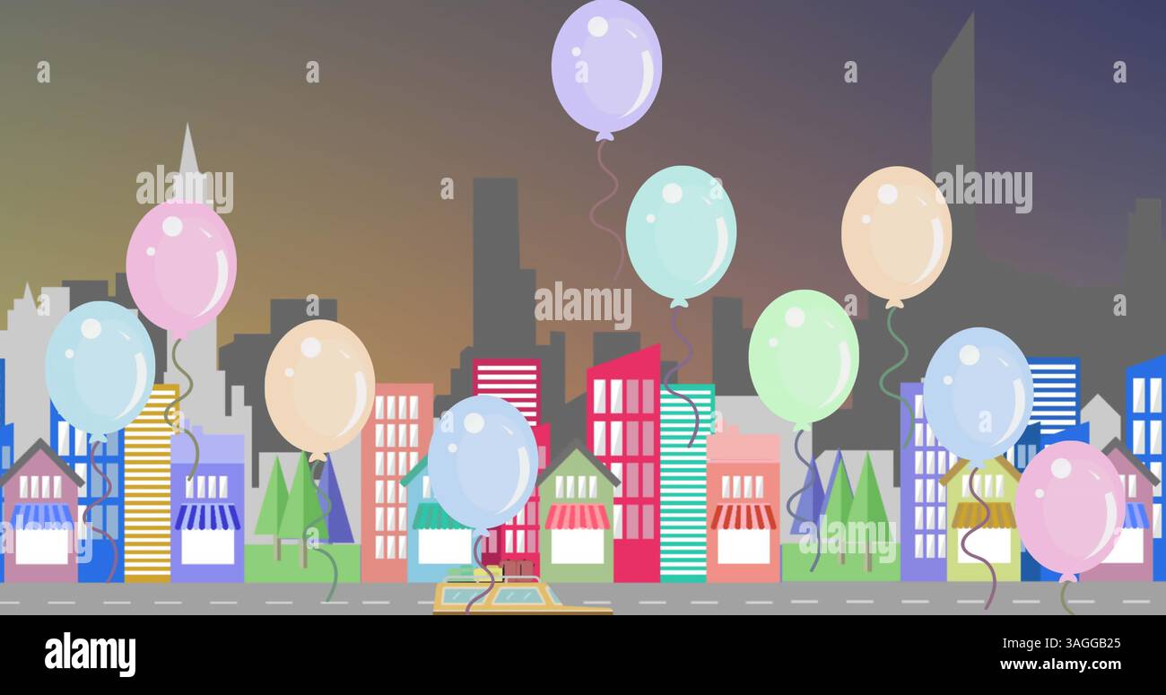 Image of multiple colourful balloons floating over modern cityscape ...