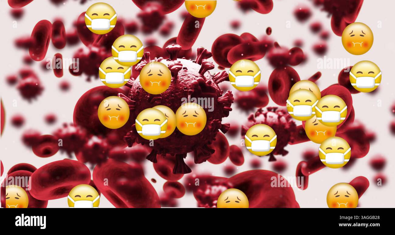 Image of 3D macro coronavirus and red blood cells with emoji icons ...