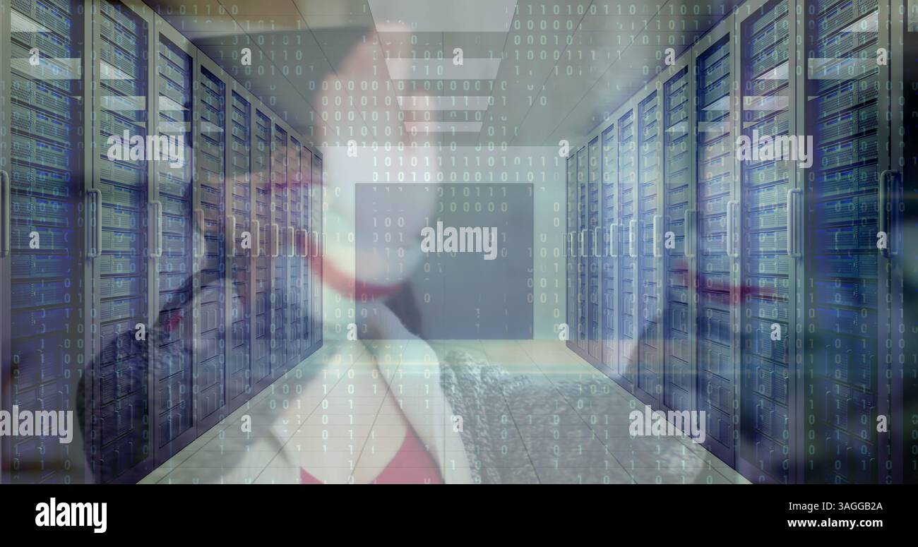 Binary code and data processing image over server room with racks Stock ...