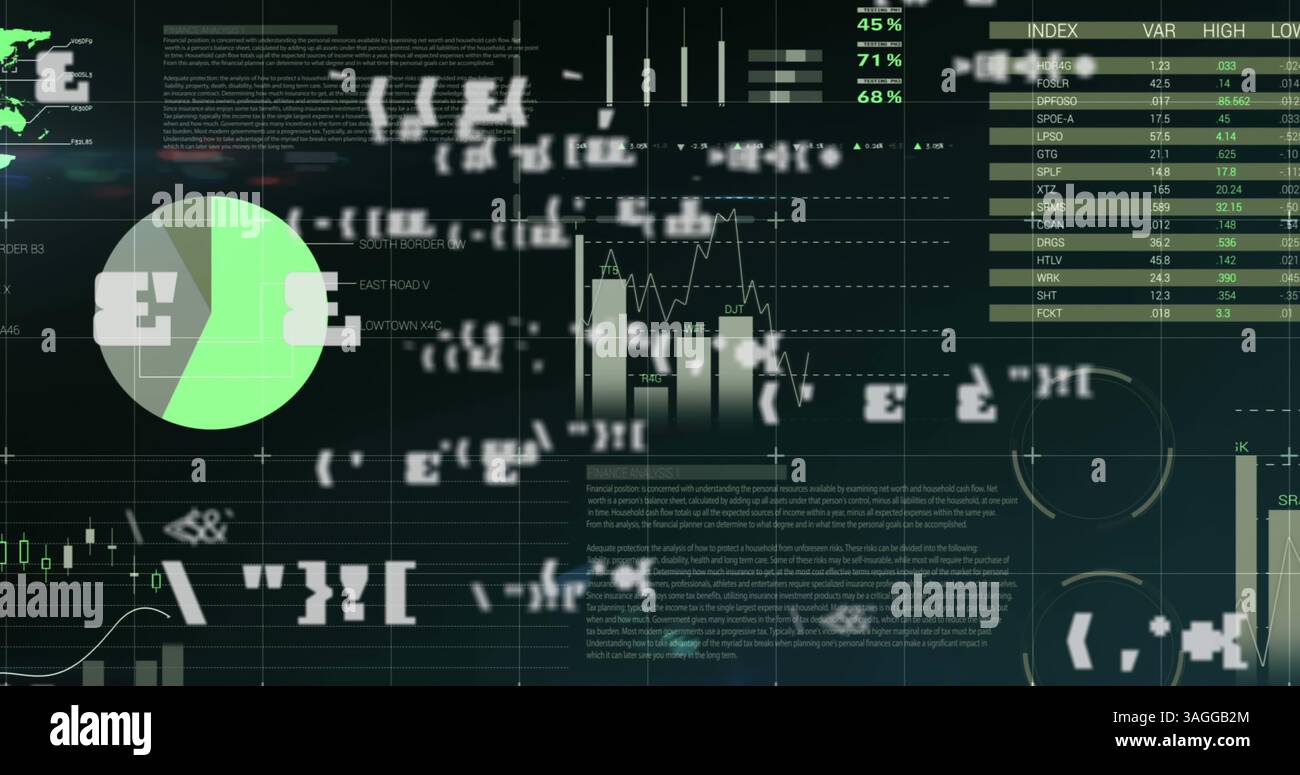 Image of digital interface with symbols changing, financial data processing and statistics ...