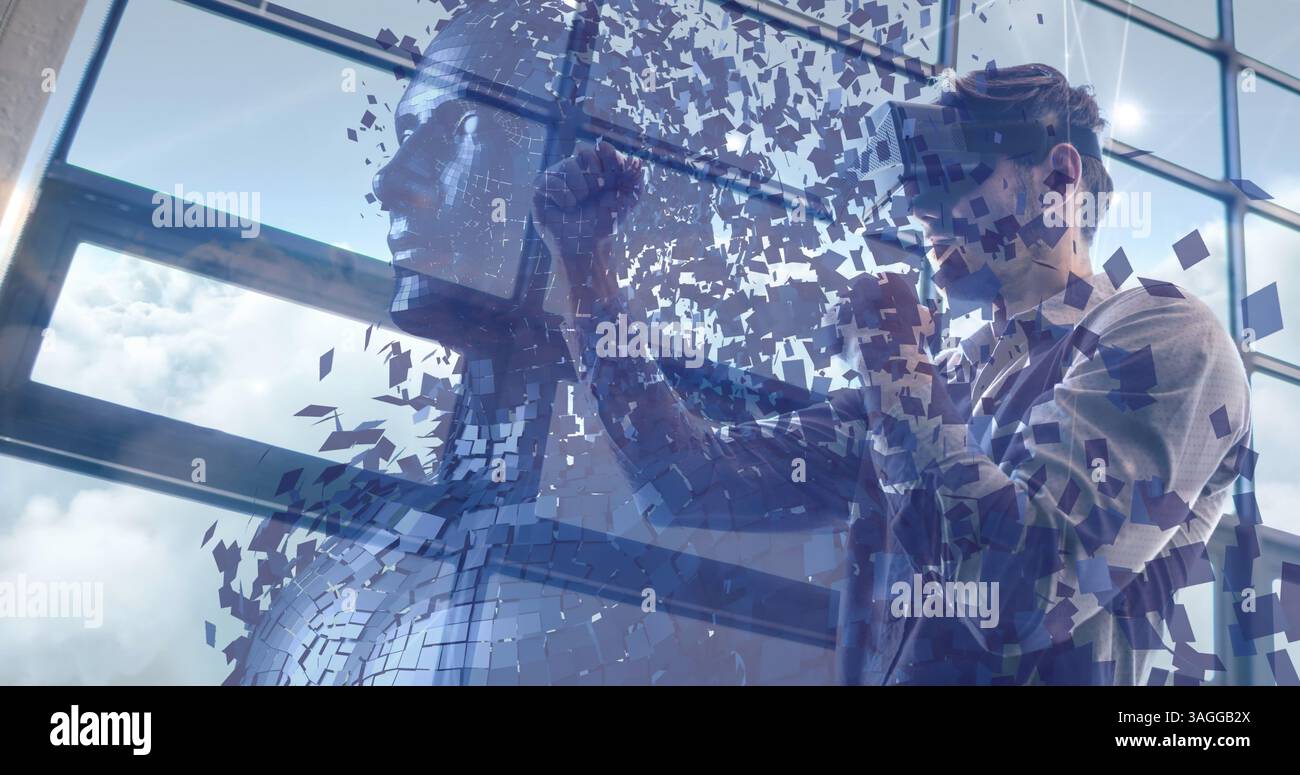 Man interacting with fragmented digital human figure, image over modern ...