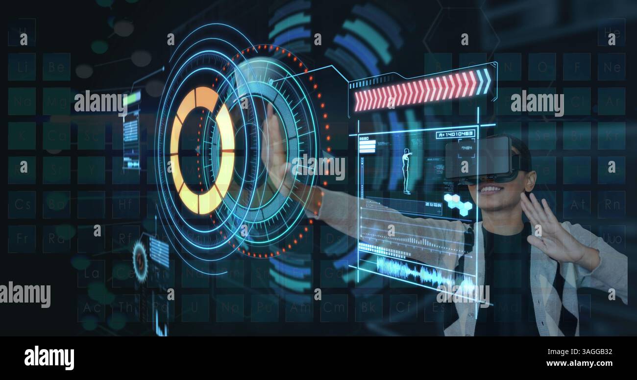 Using virtual reality headset, person interacting with futuristic digital interface Stock Photo ...