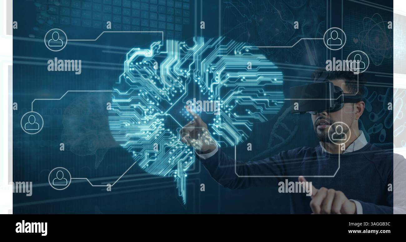 Digital composite of businessman using a VR headset against blue ...