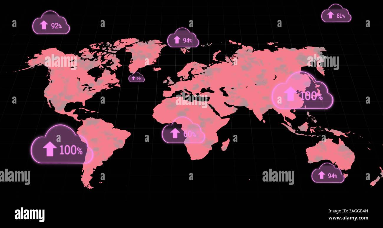 Multiple cloud icons with increasing percentage against world map on black background. cloud ...