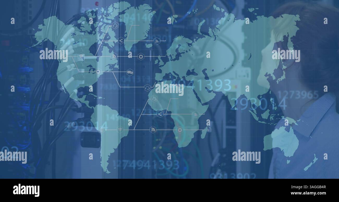 Multiple changing numbers over network of digital icons against woman smiling in server room ...