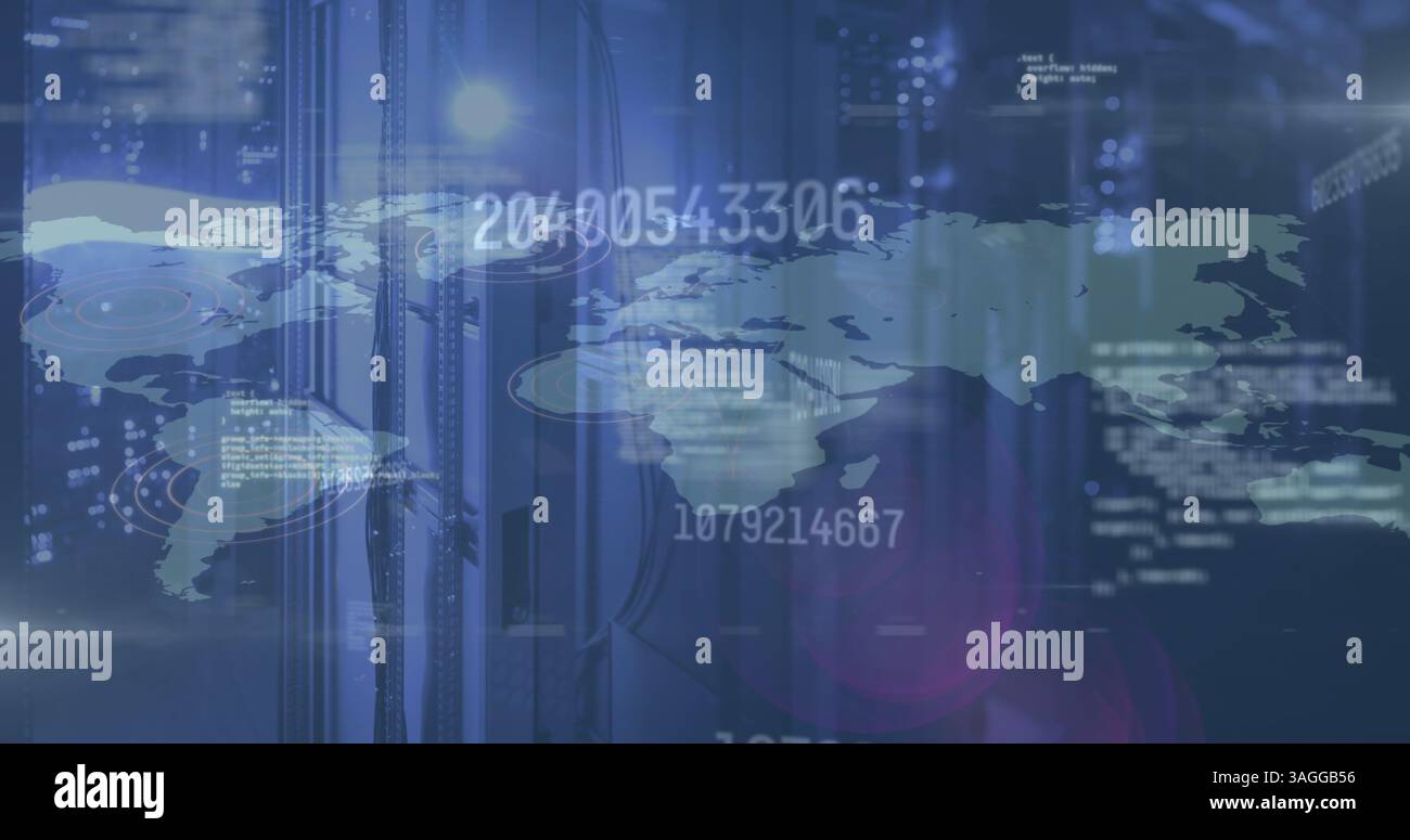 Multiple changing numbers and data processing against world map on blue ...