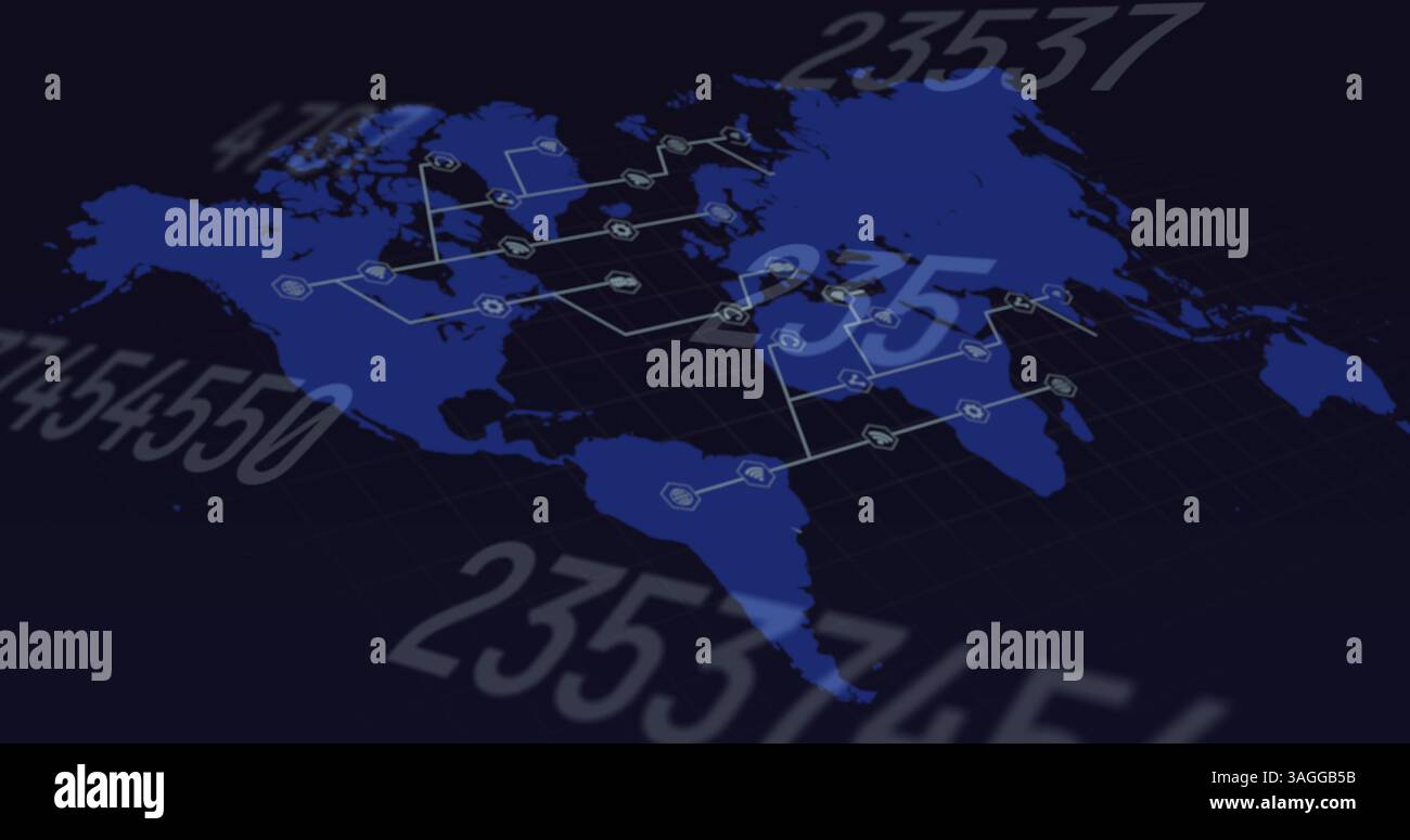 Multiple changing numbers over network of digital icons against world ...