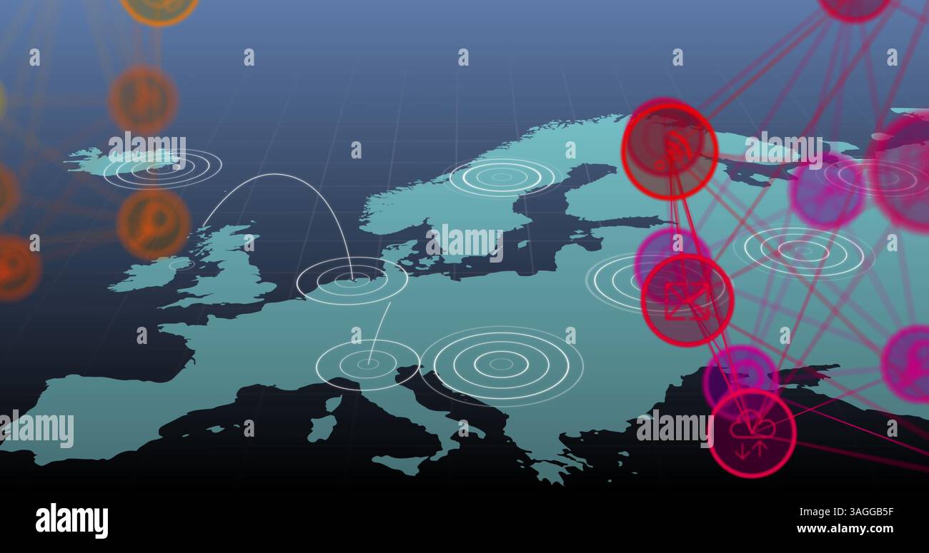 Globe of digital icons spinning against pulsating circles over world map on blue background ...