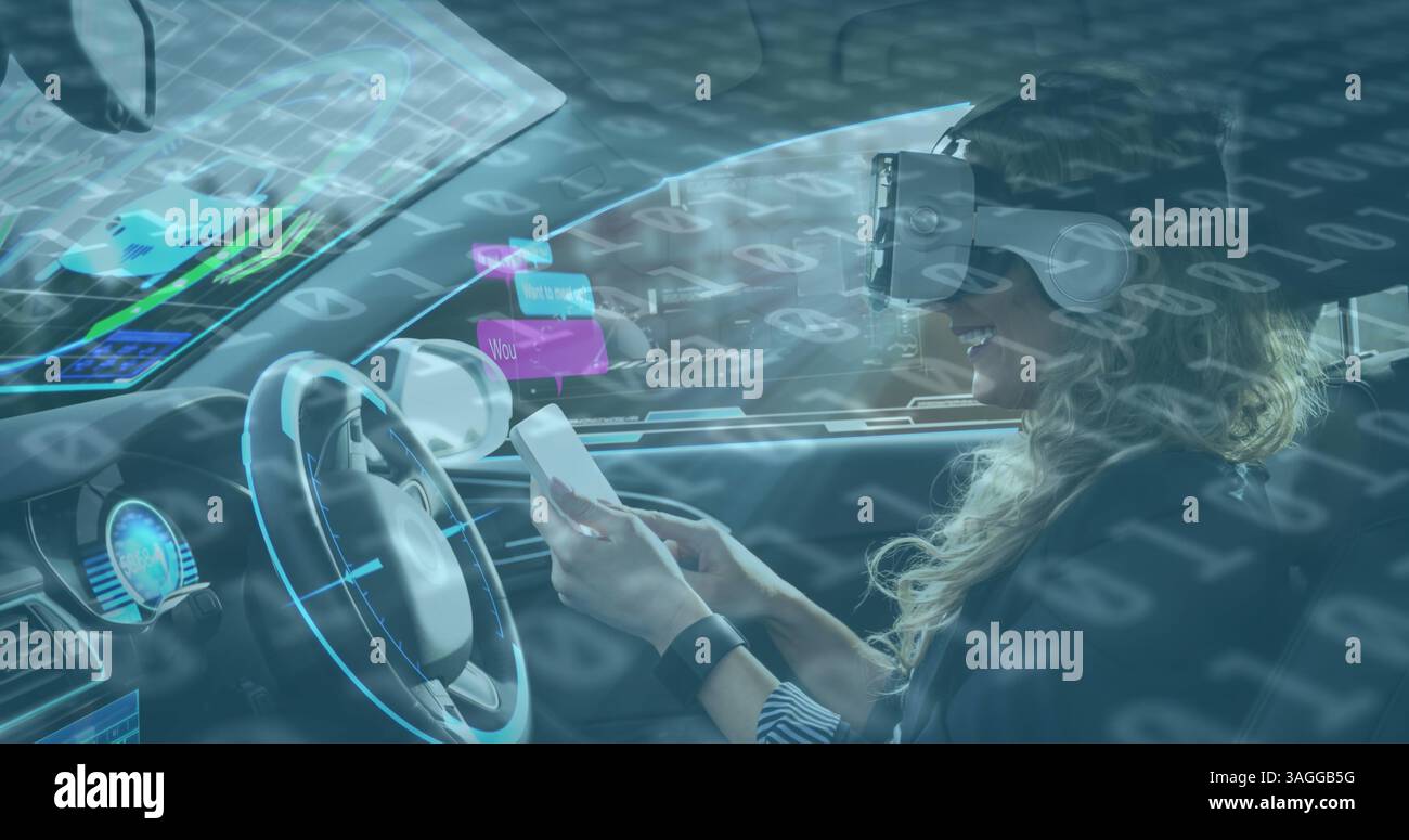 Image of information displays with woman in vr headset using smartphone ...