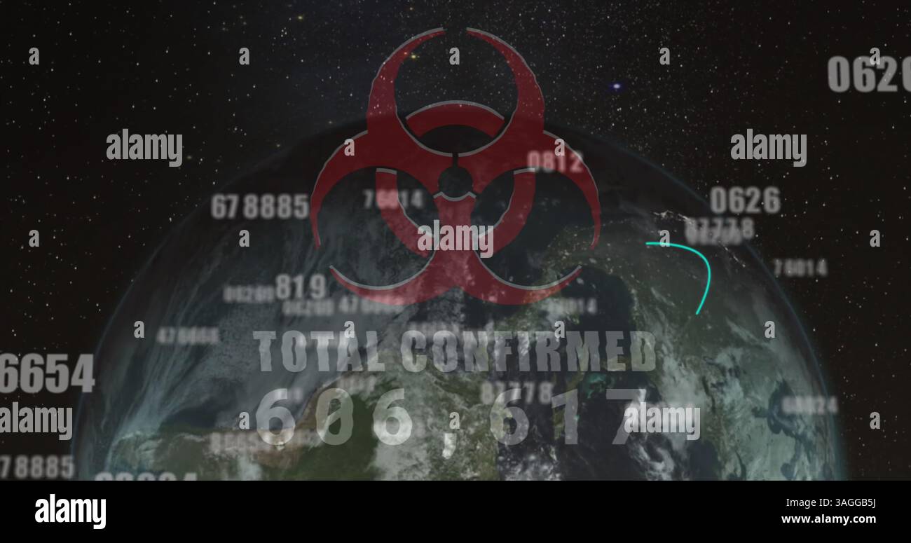 Multiple changing numbers over biohazard symbol with increasing cases ...