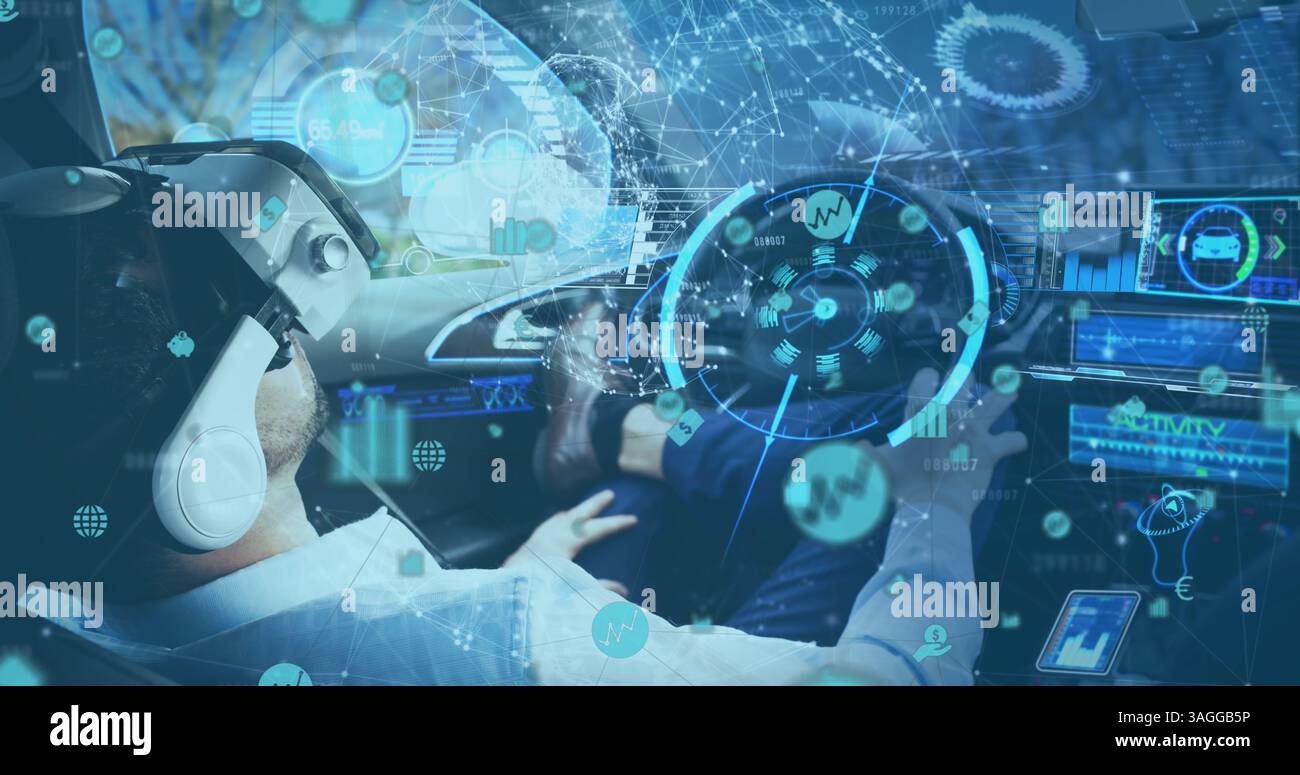 Image of interface and information displays with man in vr headset ...