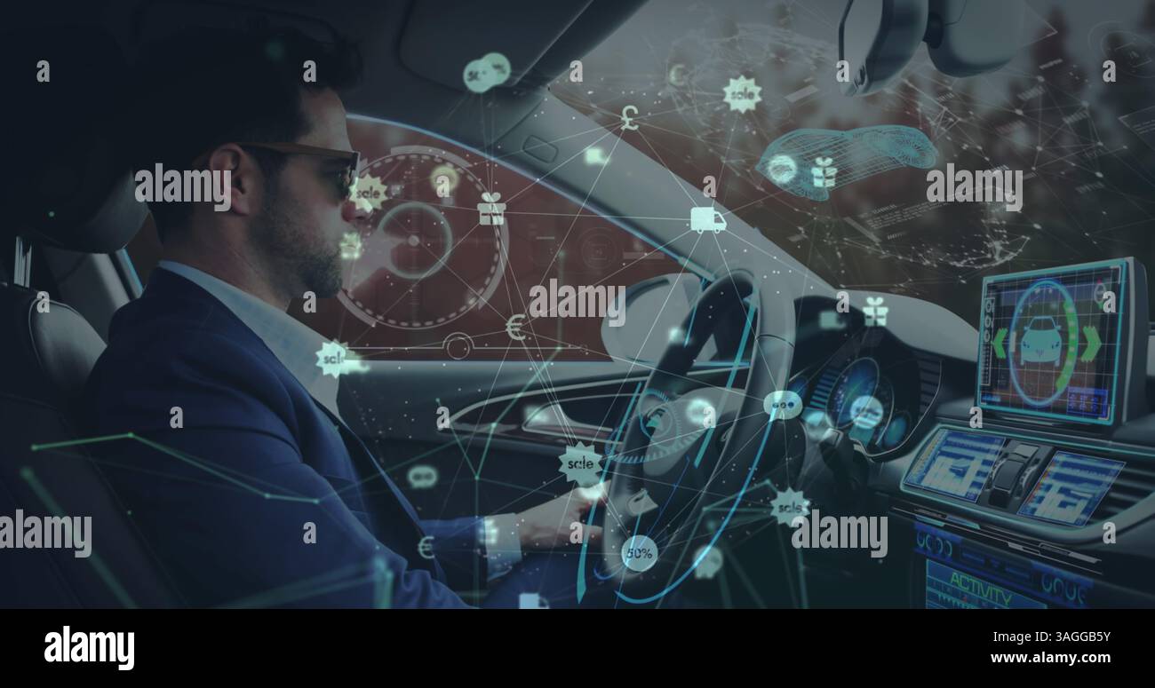 Image of information displays and icons with man using self driving car ...
