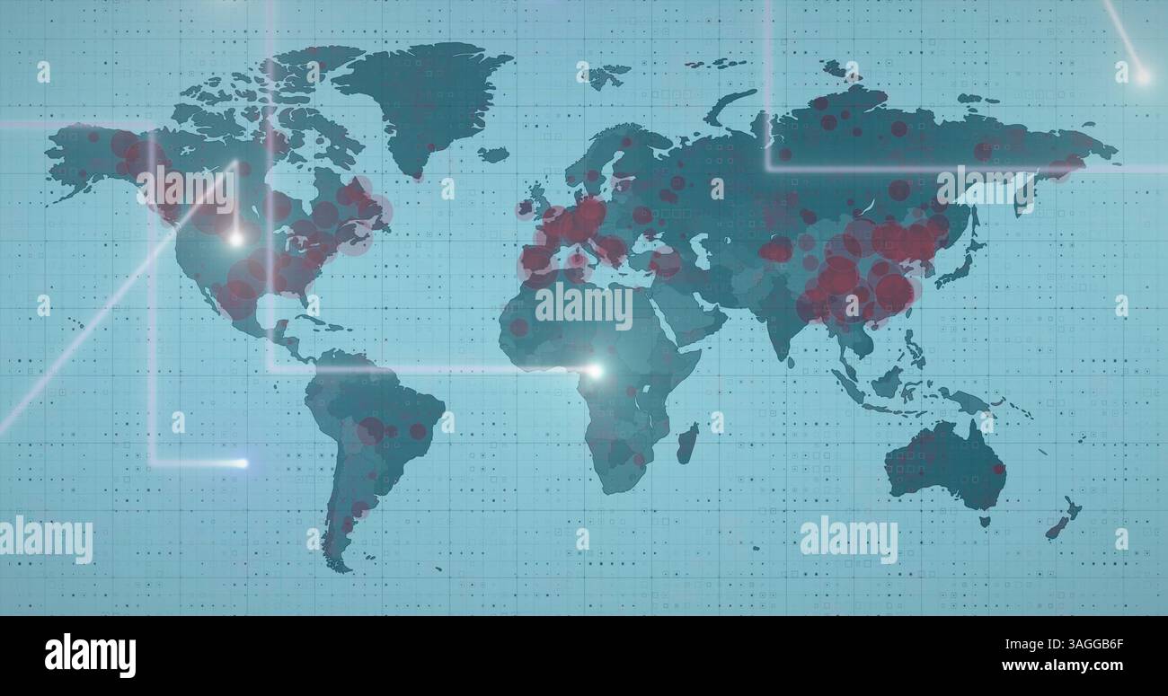 Light trails moving over world map turning red against blue background ...