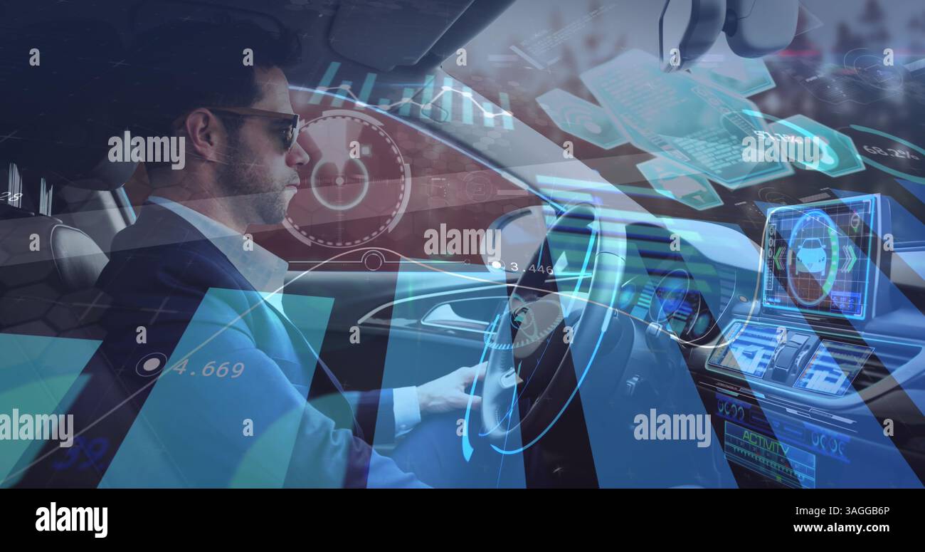 Image of information displays with man using self driving car Stock ...