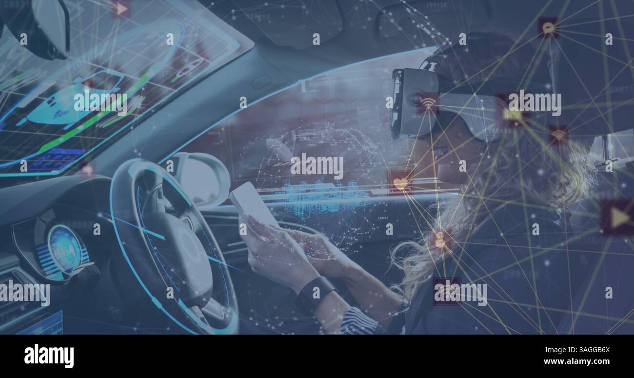 Image of connected icons with woman in vr headset using smartphone in ...