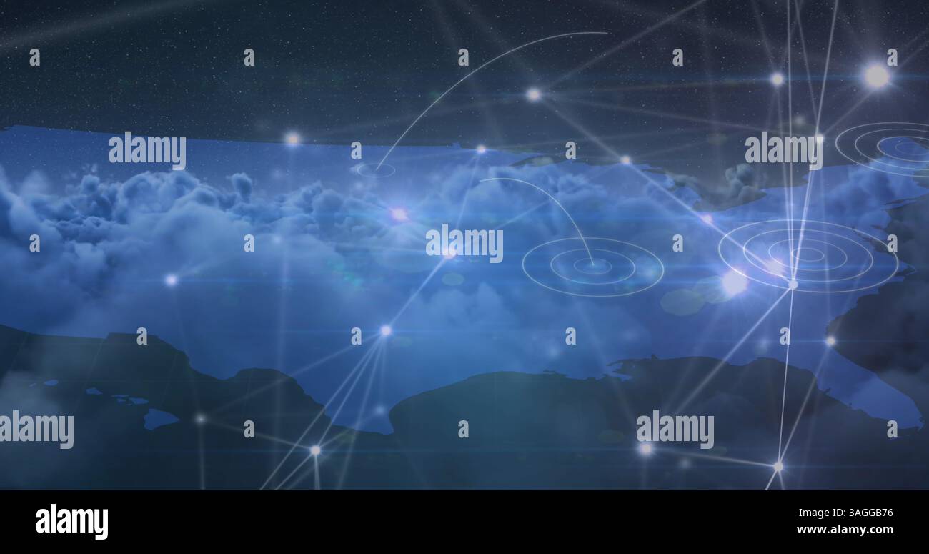 Glowing network of connections over world map against clouds in the sky ...