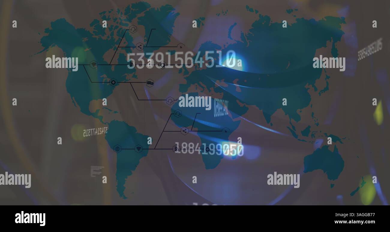 Multiple changing numbers over spots of light against world map Stock ...