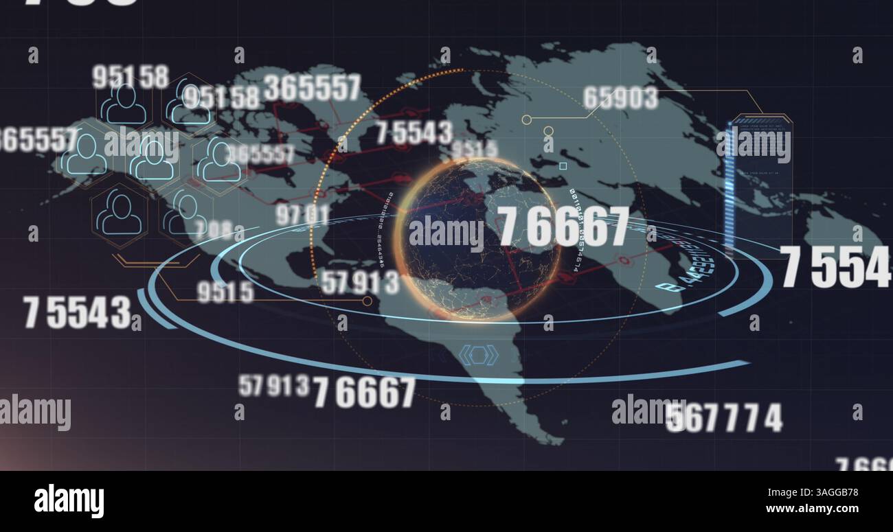 Multiple changing numbers over spinning globe against world map on blue background. global ...