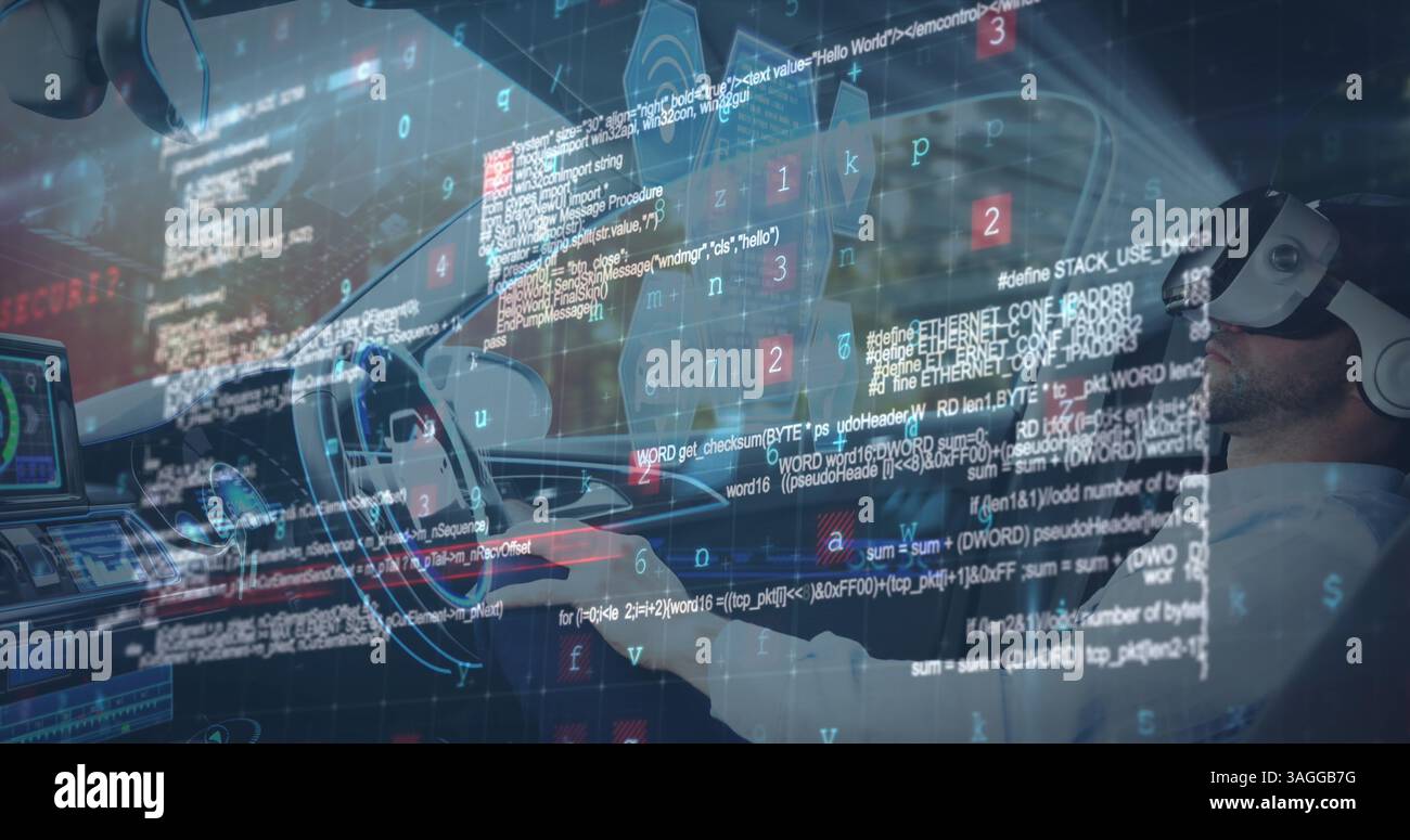 Image of information displays with man in vr headset using self driving ...