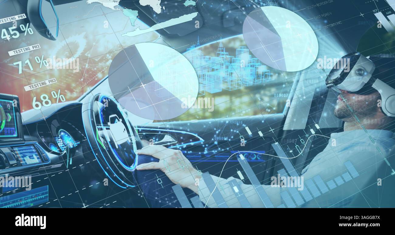 Image of information displays with man in vr headset using self driving ...