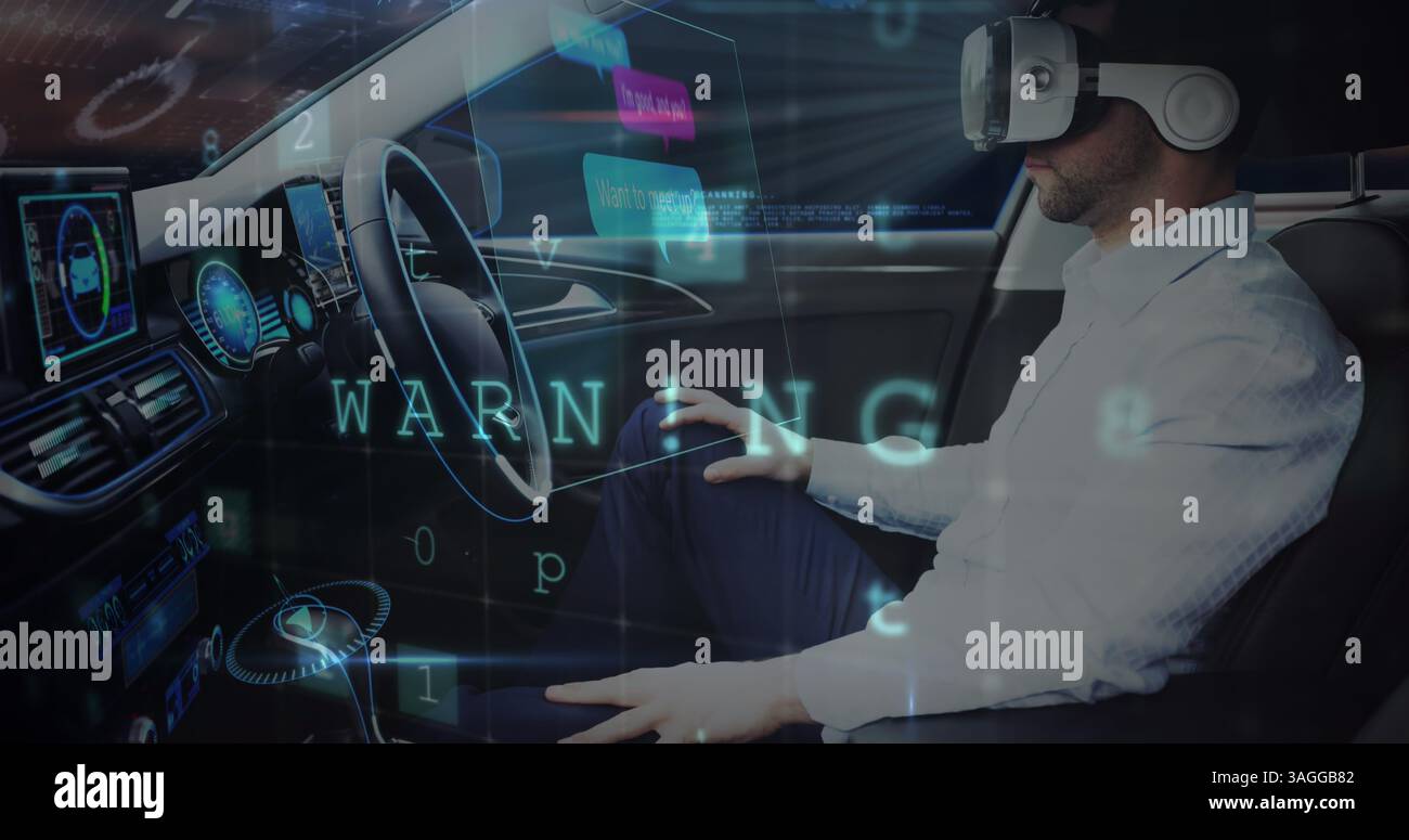 Image of information displays with man in vr headset using self driving ...