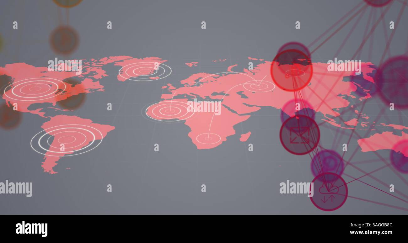 Globe of digital icons spinning against pulsating circles on world map against grey background ...