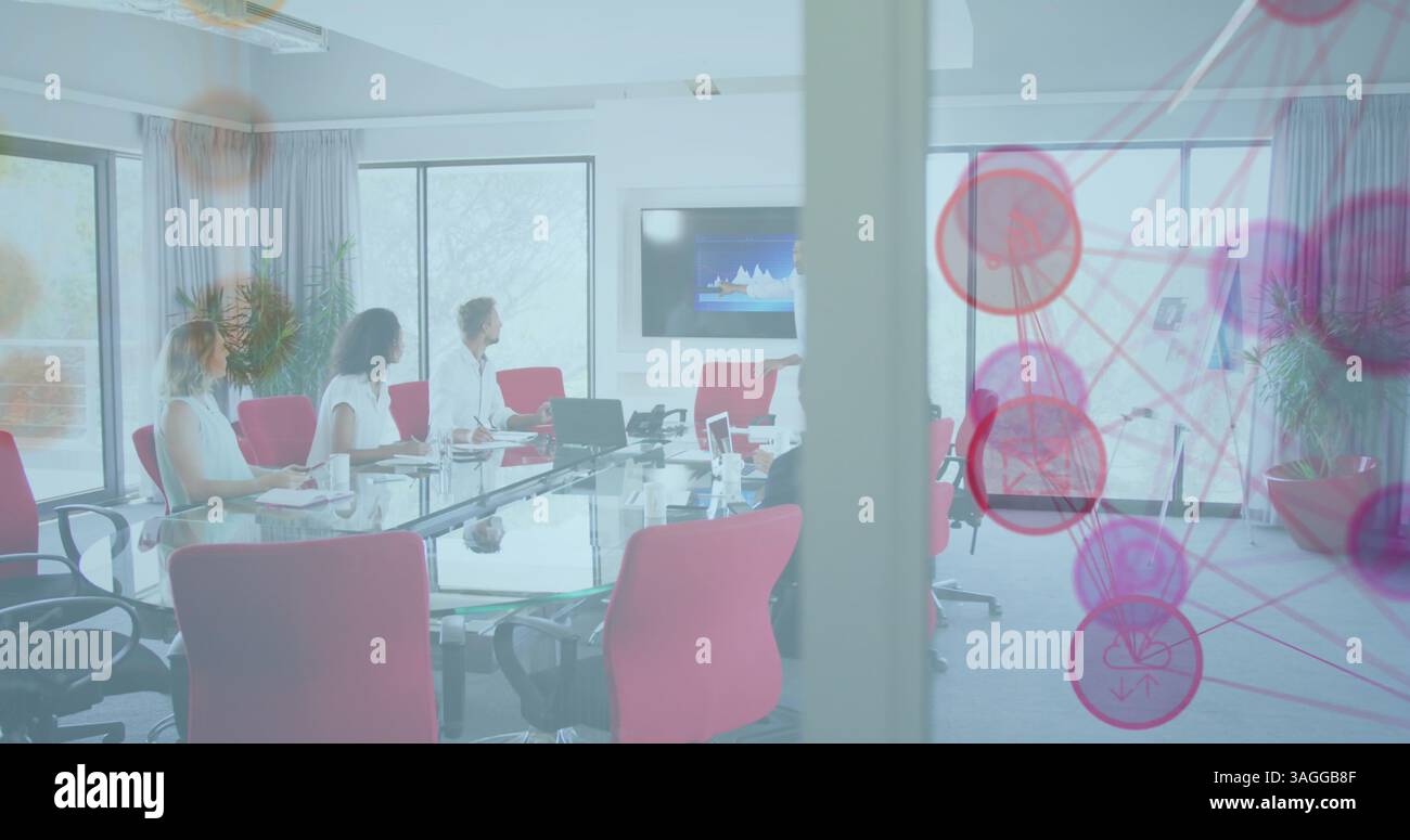 Image of network of connected icons with business colleagues at a ...