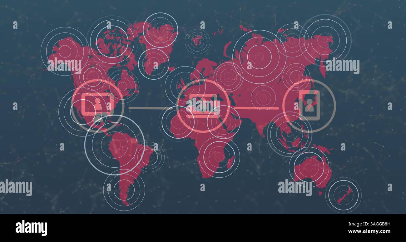 Network of digital icons over pulsating circles on world map against blue background Stock Photo ...