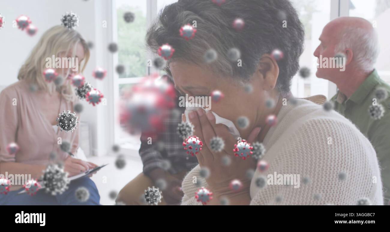 Multiple covid-19 cells floating against sick african american senior ...