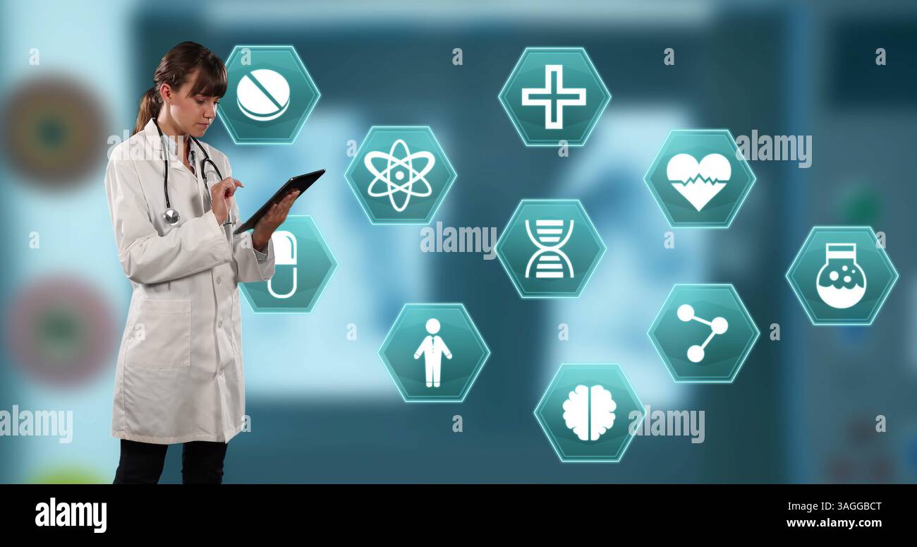 Image of hexagon medical icons over female doctor using tablet Stock ...