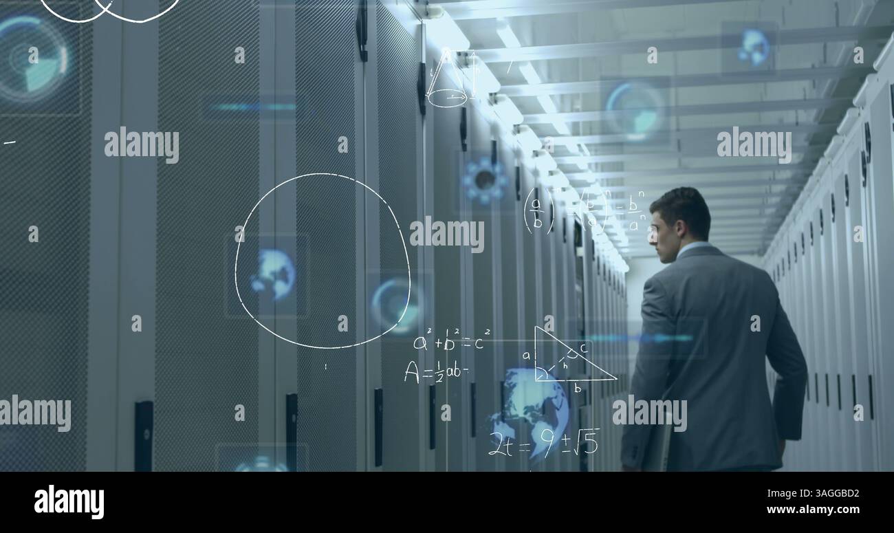 Mathematical equations and round scanners against man walking in ...
