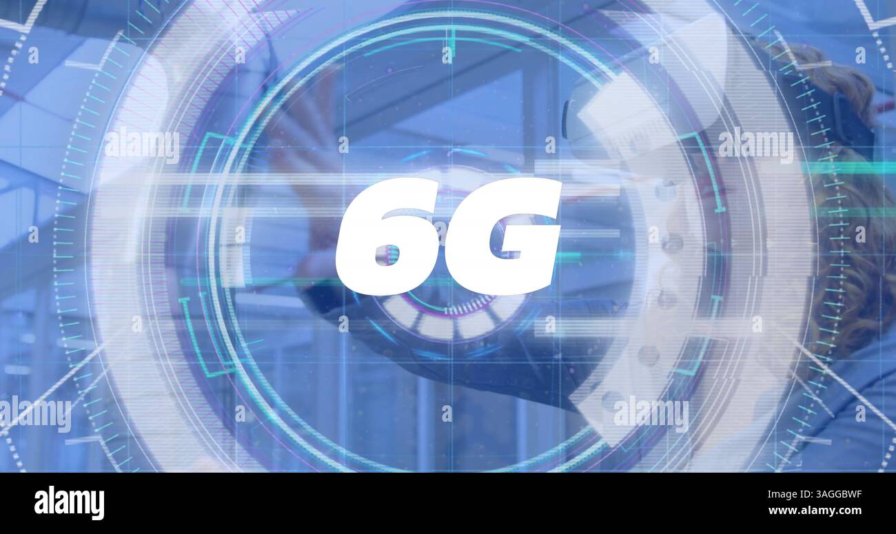 Image of 6g text, scope scanning over woman wearing vr headset and moving hand Stock Photo - Alamy