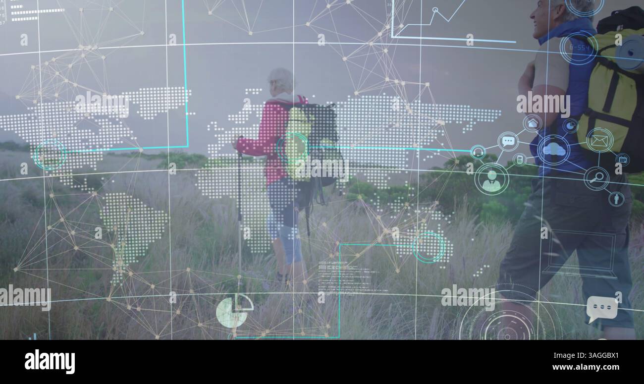 Image of network of connections and world map over senior caucasian ...