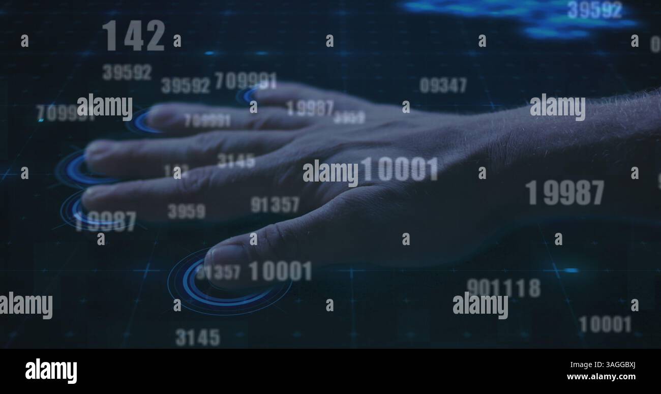 Multiple numbers changing over human hand scanning over biometric ...