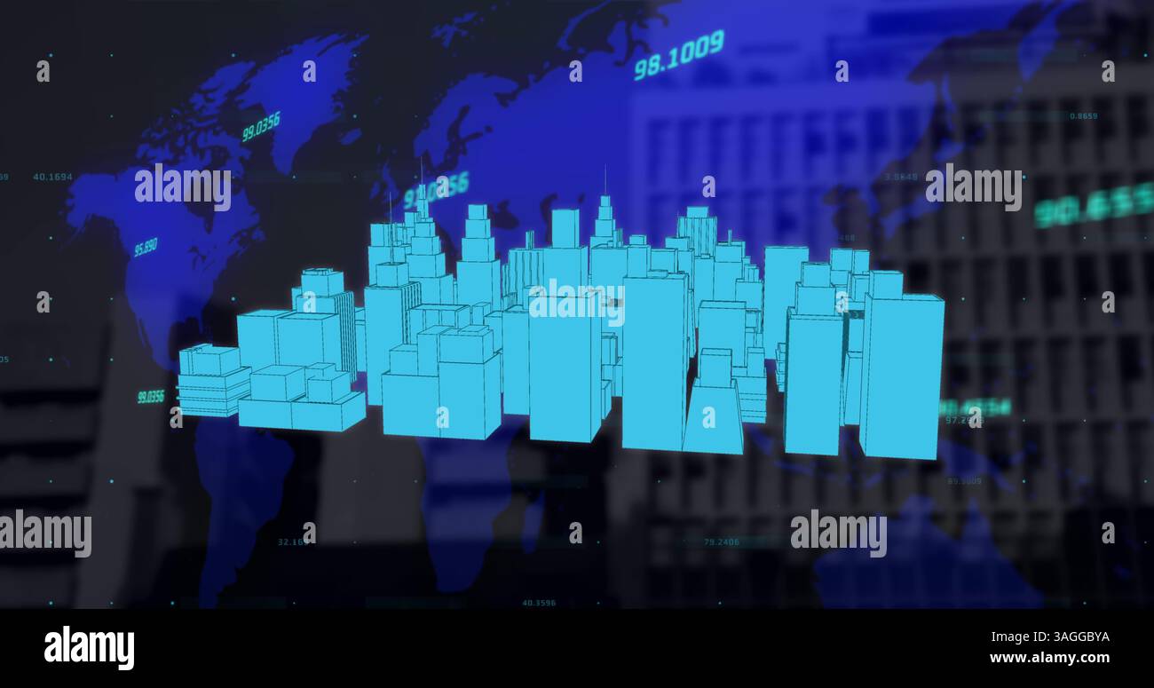 3d city model spinning over world map against tall buildings in ...