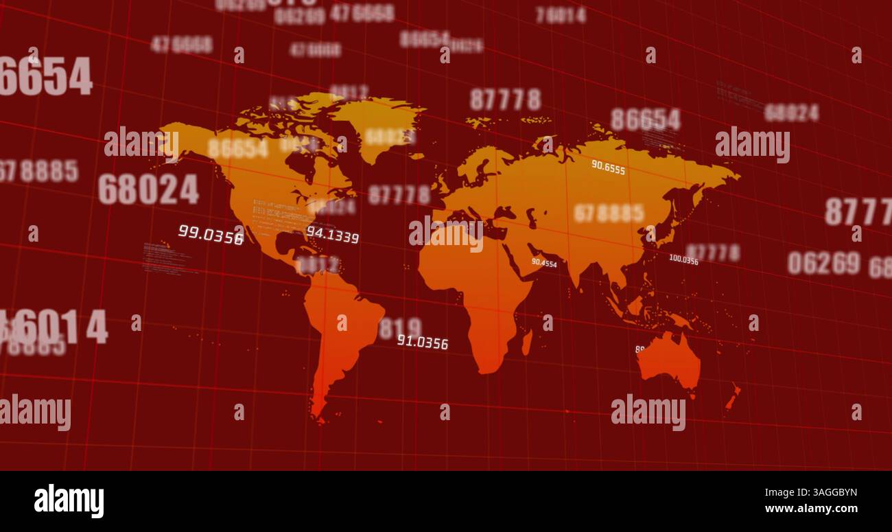 Multiple numbers changing over grid network against world map on red ...