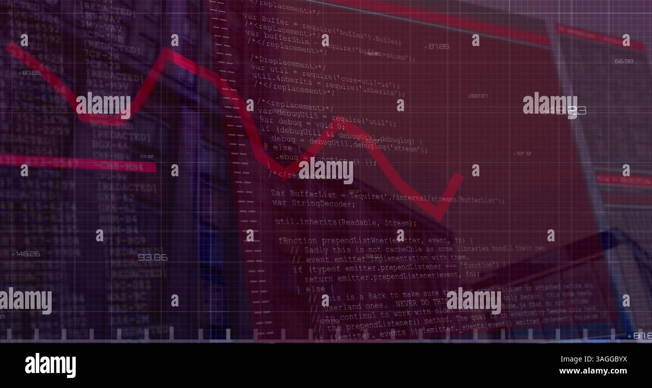 Image of red line recording and data processing on screens over modern ...