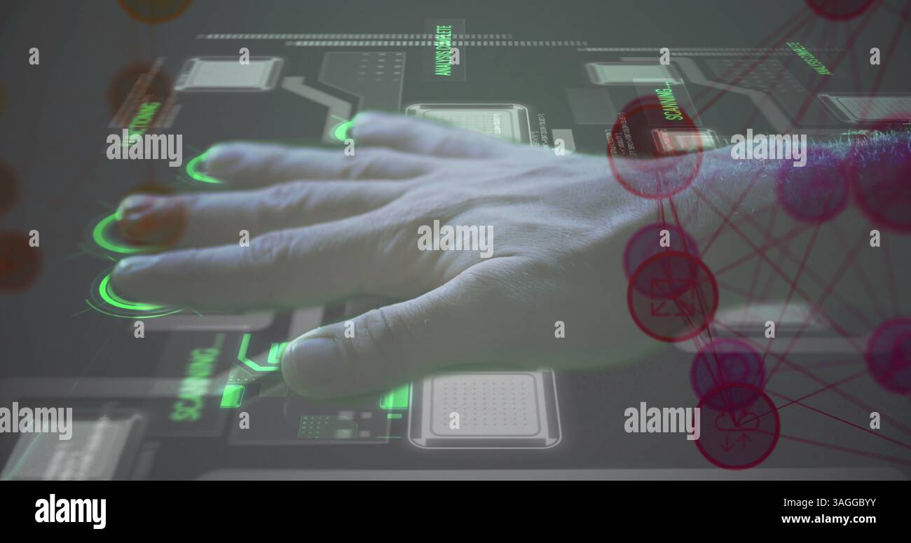 Image of network of connections over man touching biometric screen ...