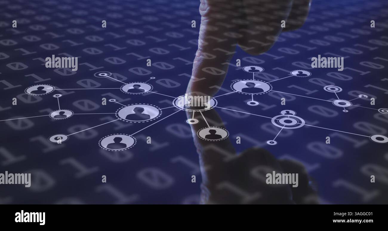Image of man touching interactive screen with network of people icons and binary coding Stock ...