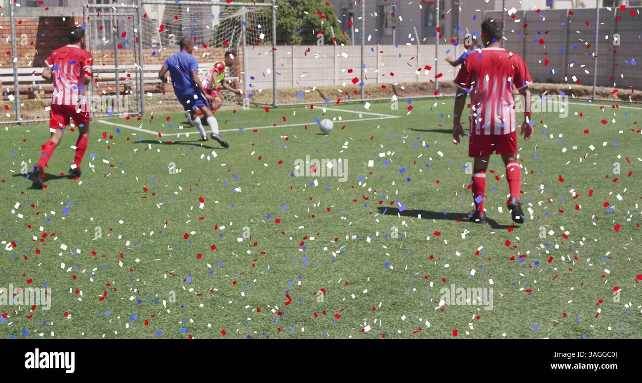 Colorful confetti falling against two teams of male soccer players ...