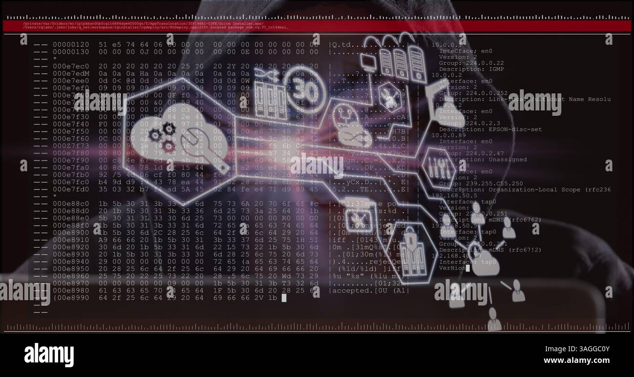 Network of digital icons over screen with data processing against male hacker using computer ...