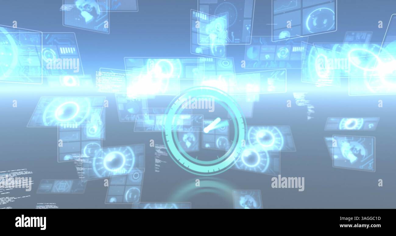 Neon digital clock ticking against multiple round scanners and data processing on blue ...