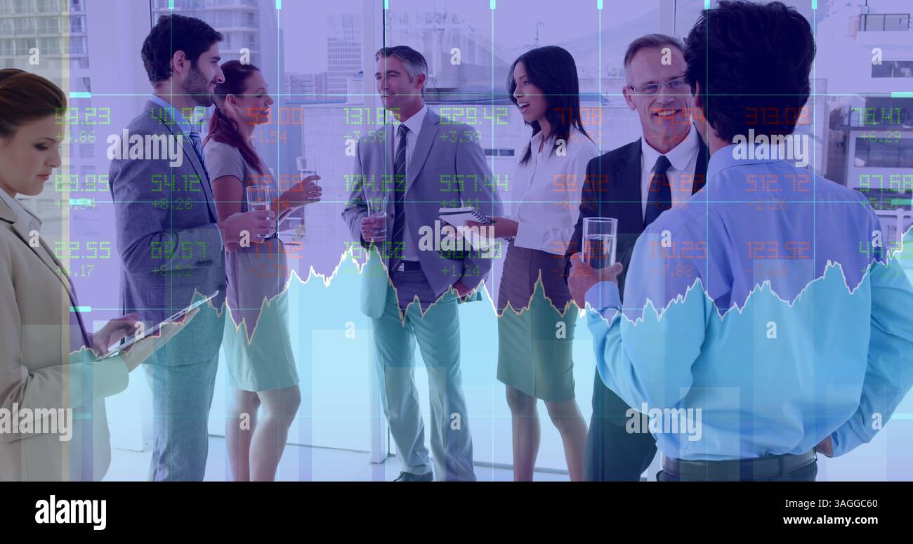 Stock market data processing against business people having a party at ...