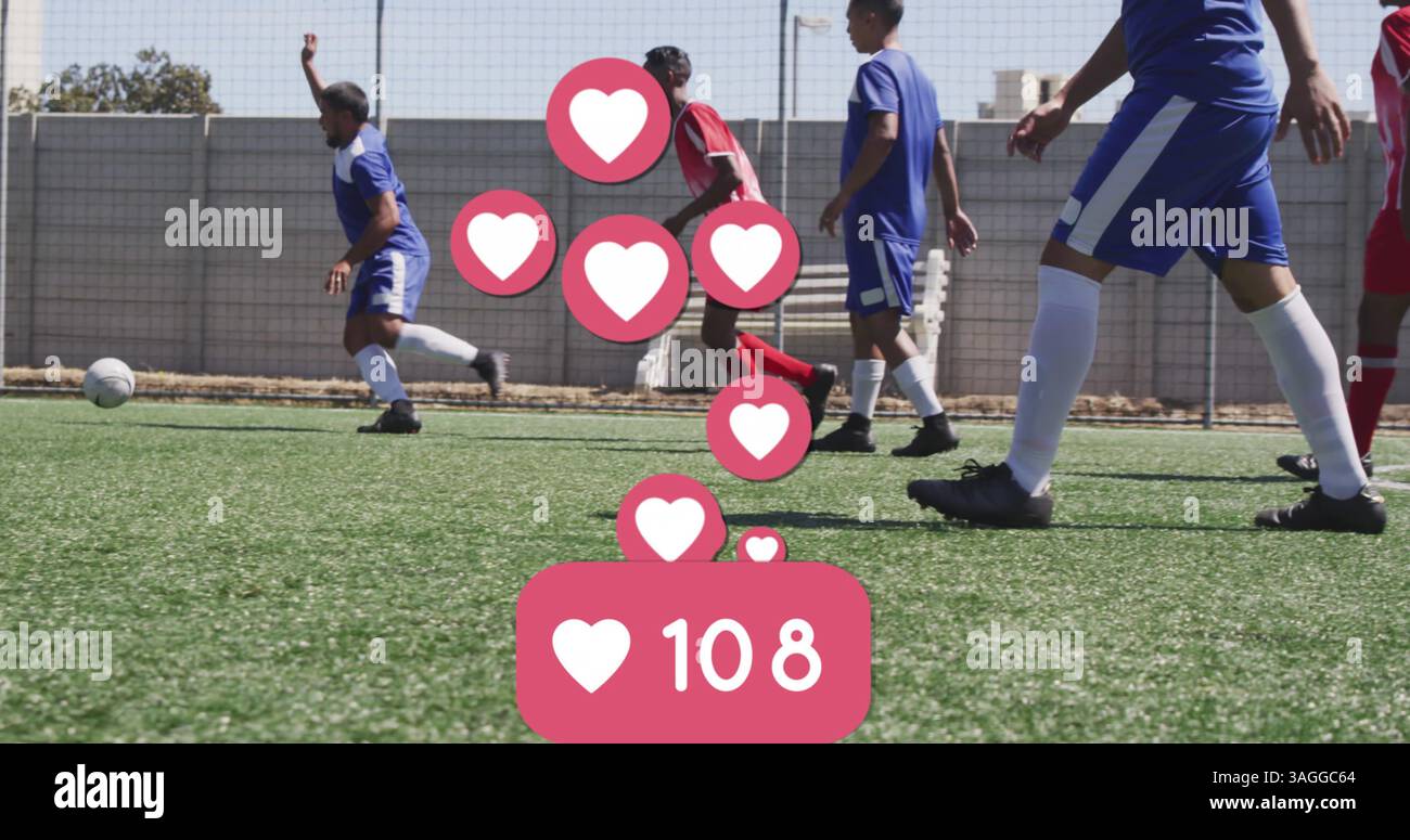 Heart icon with increasing numbers against two teams of male soccer ...